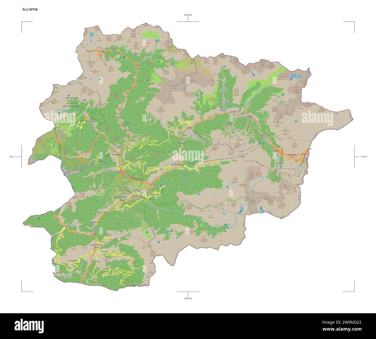 Shape of a topographic, OSM standard style map of the Andorra, with distance scale and map ...