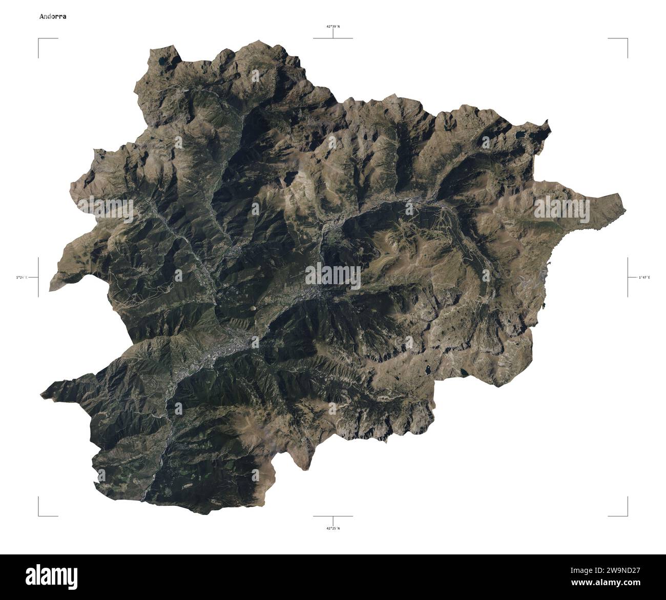 Shape of a high resolution satellite map of the Andorra, with distance ...