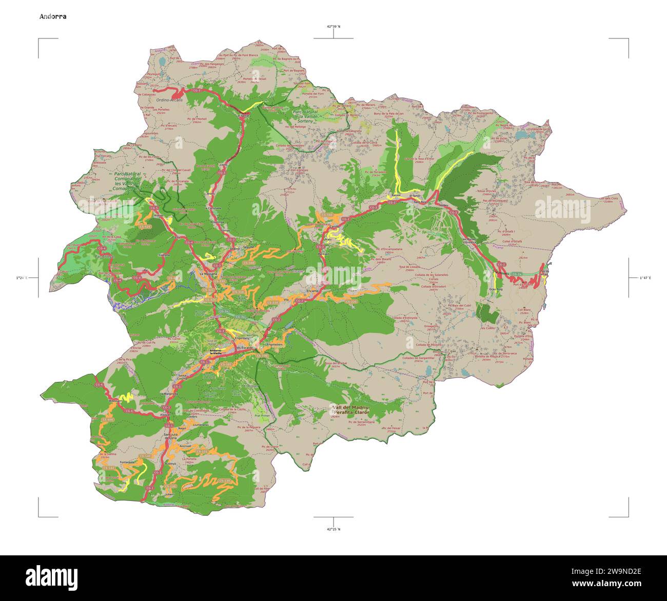 Shape of a topographic, OSM France style map of the Andorra, with ...