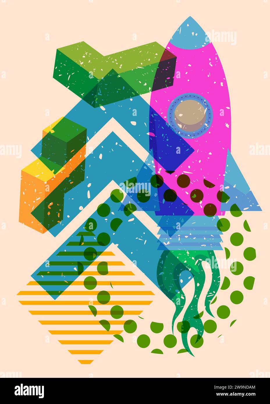 Risograph Rocketship with geometric shapes. Objects in trendy riso ...