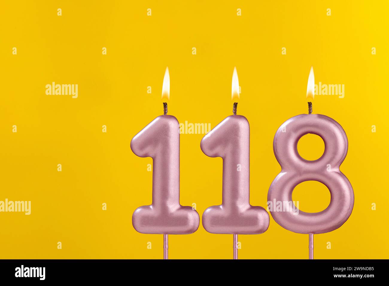 Candle 118 with flame - Birthday card on yellow luxury background Stock ...
