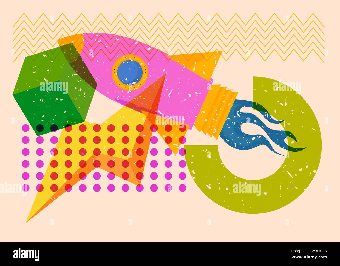 Risograph Rocketship with geometric shapes. Objects in trendy riso graph print texture style ...