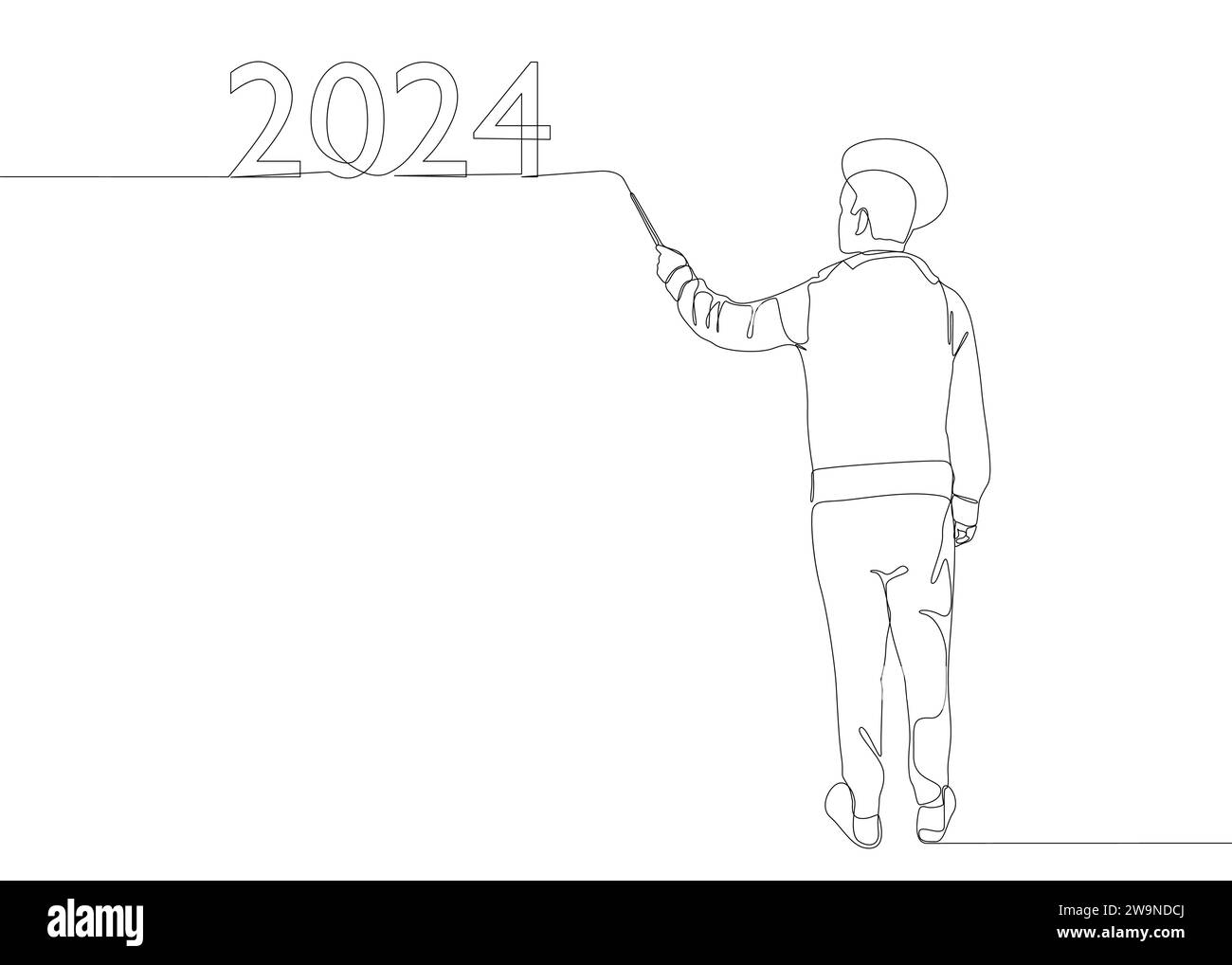 One continuous line of Man pointing with finger at number 2024. Thin ...