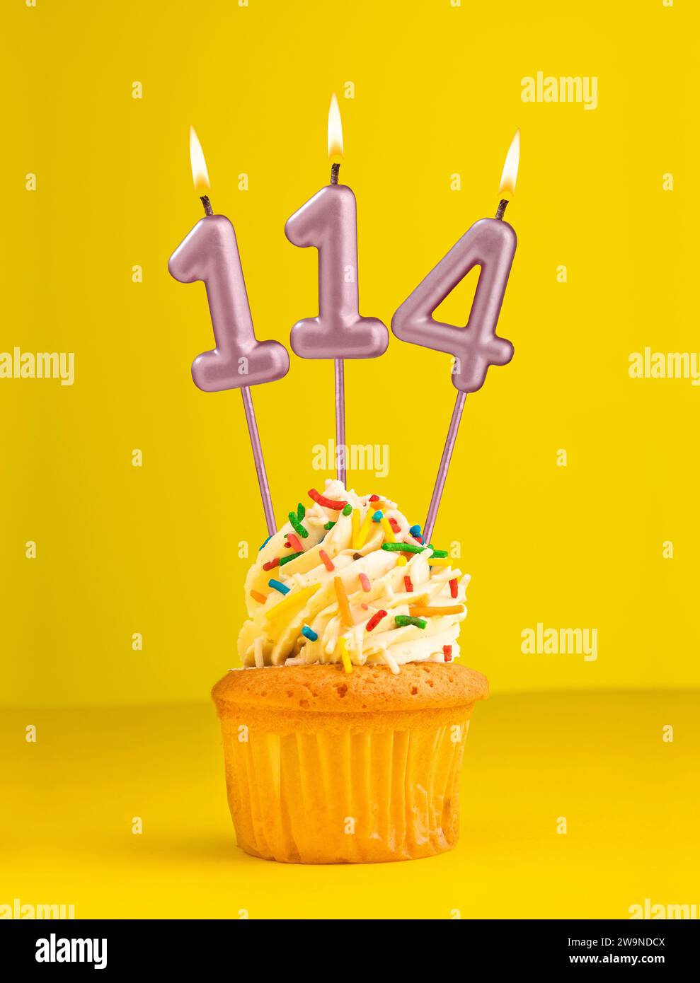 Number 114 candle - Birthday card design in yellow background Stock ...