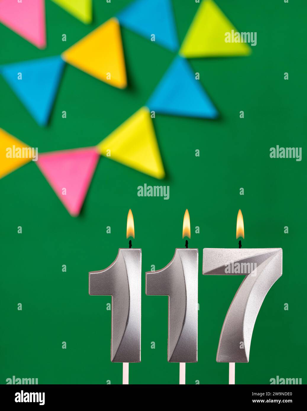Candle number 117 birthday - Green anniversary card with pennants Stock ...