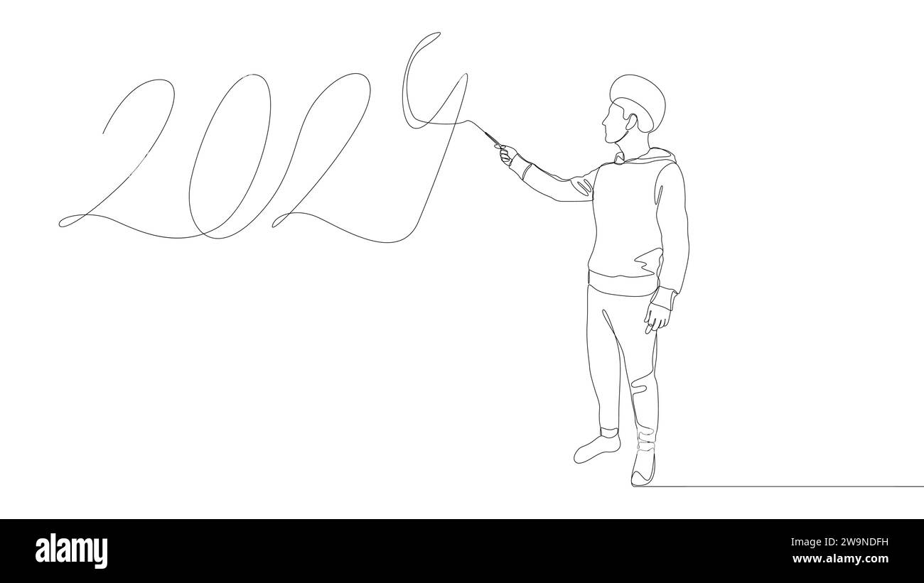 One continuous line of Man pointing with finger at number 2024. Thin ...