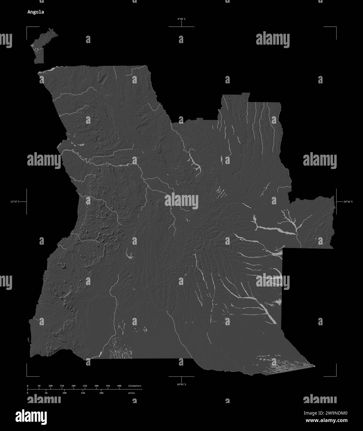 Shape of a Bilevel elevation map with lakes and rivers of the Angola, with distance scale and ...