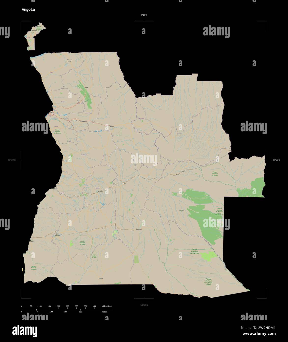 Shape of a topographic, OSM standard style map of the Angola, with ...