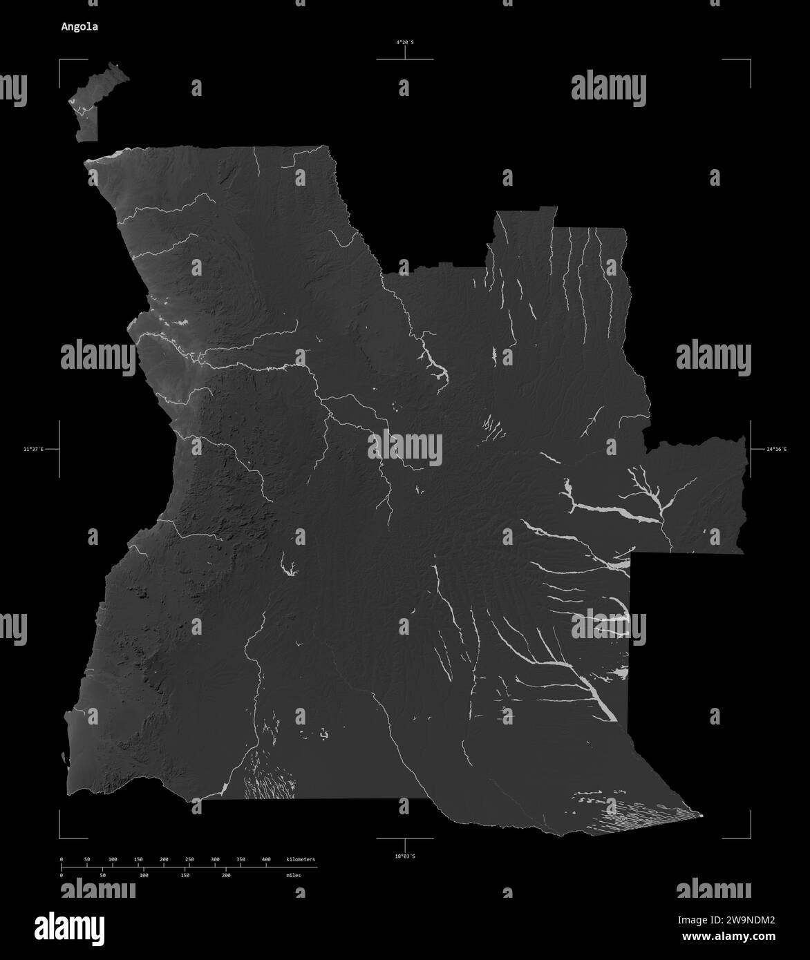 Shape of a Grayscale elevation map with lakes and rivers of the Angola, with distance scale and ...