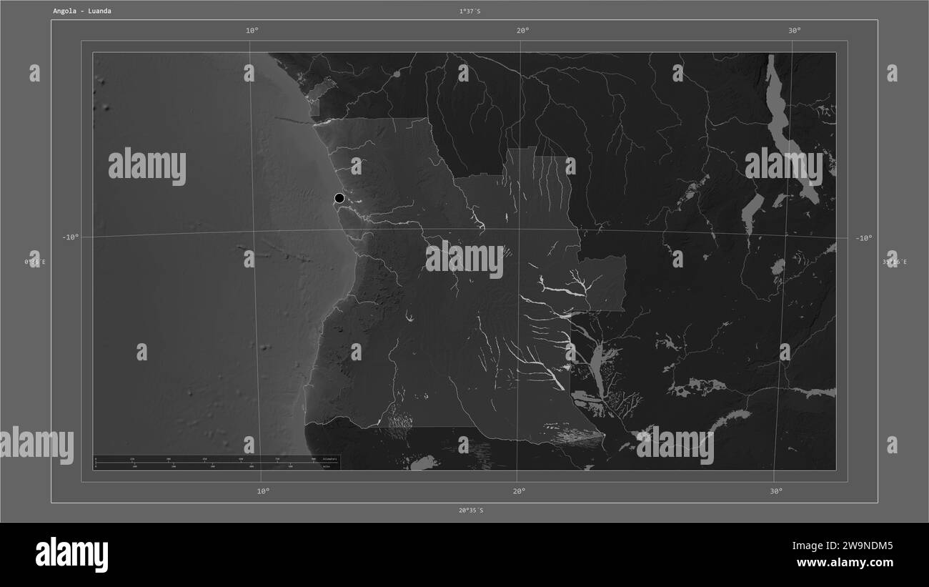 Angola highlighted on a Grayscale elevation map with lakes and rivers map with the country's ...