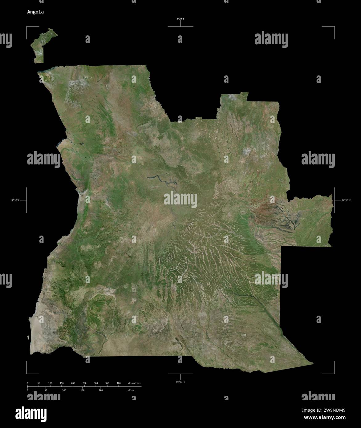 Shape of a high resolution satellite map of the Angola, with distance ...