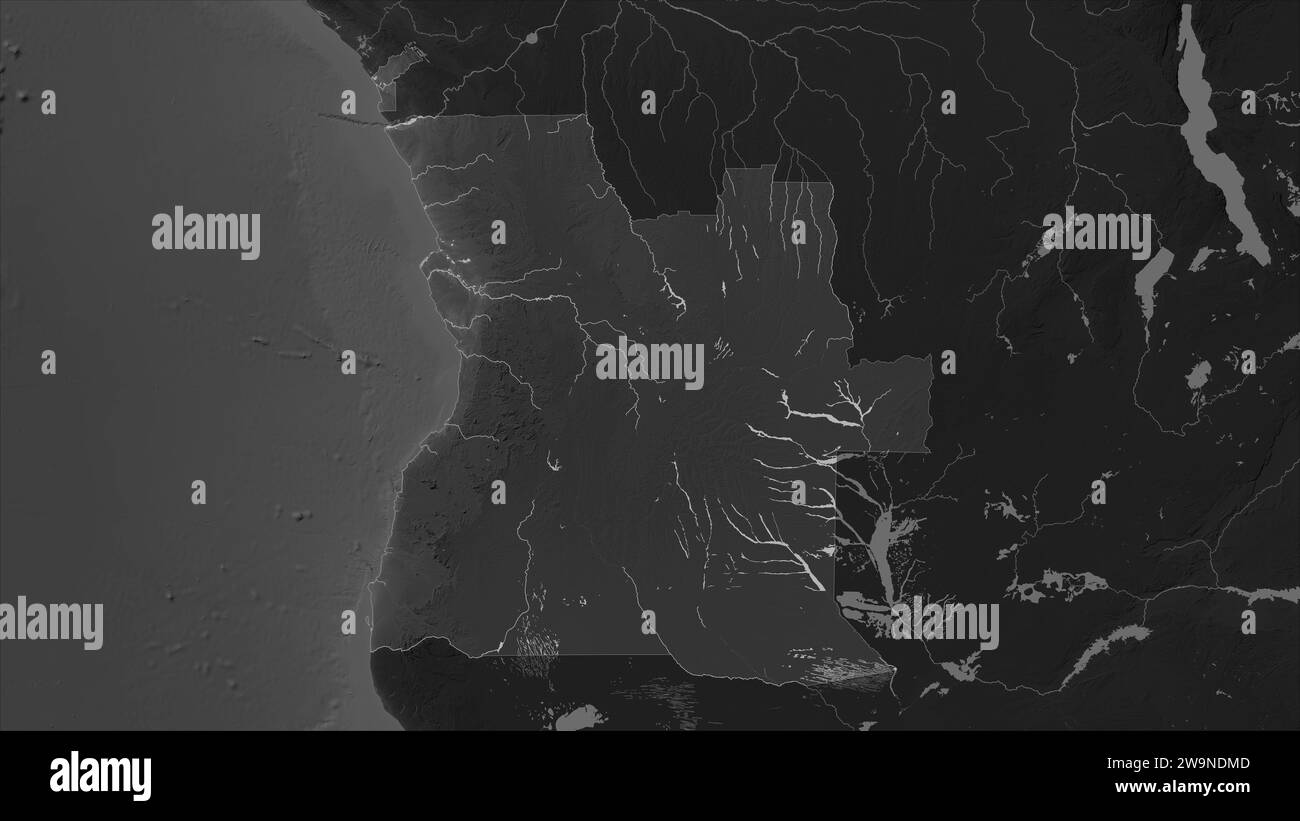 Angola highlighted on a Grayscale elevation map with lakes and rivers ...