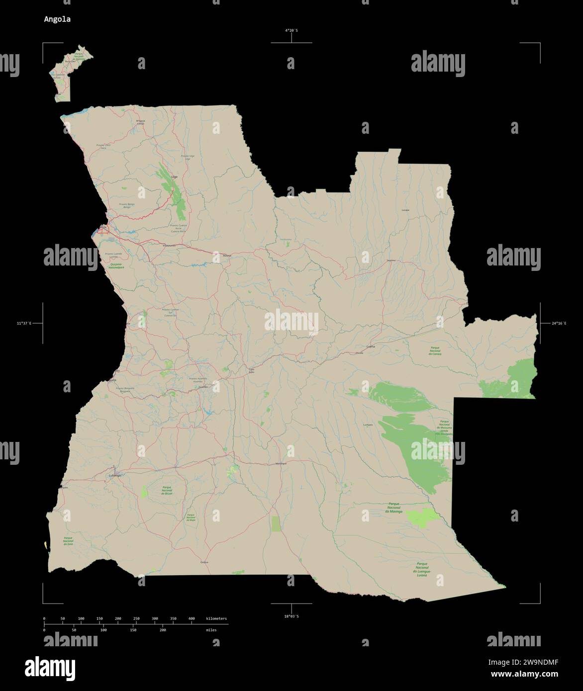 Shape of a topographic, OSM Germany style map of the Angola, with ...