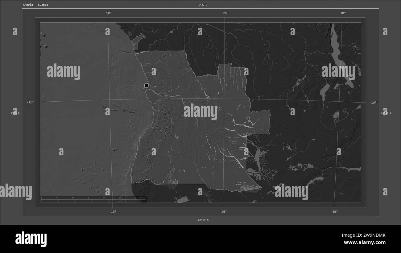 Angola highlighted on a Bilevel elevation map with lakes and rivers map ...