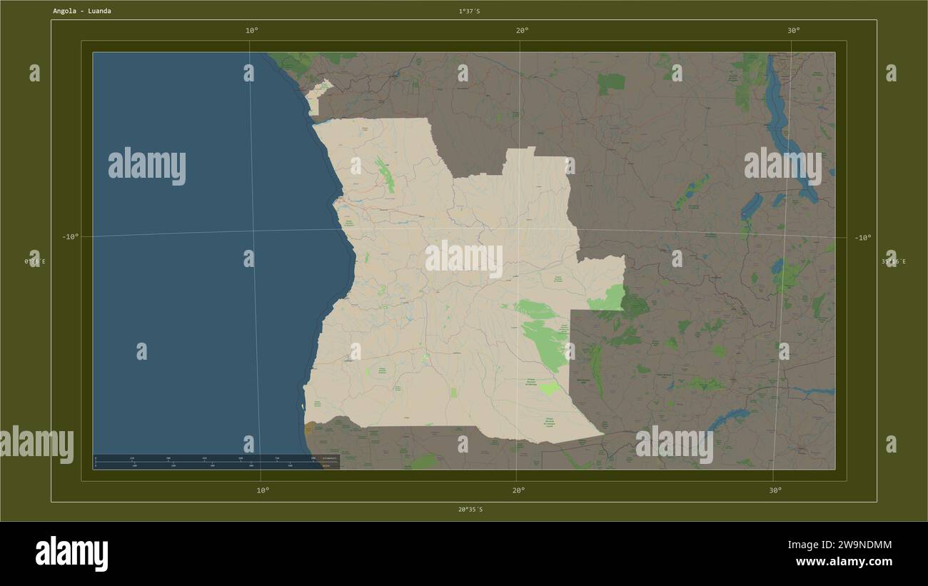 Angola highlighted on a topographic, OSM standard style map map with the country's capital point ...