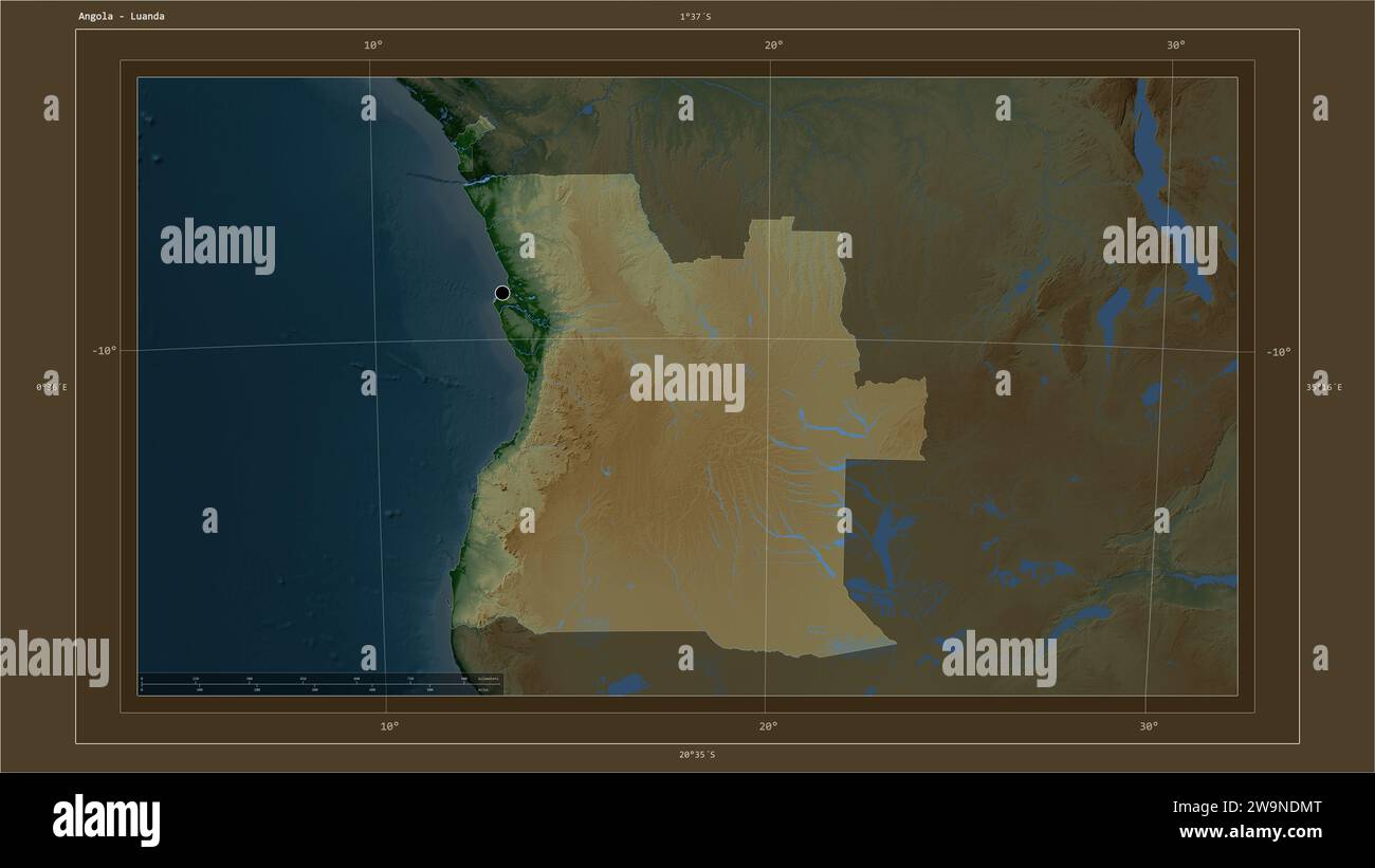 Angola highlighted on a Colored elevation map with lakes and rivers map ...