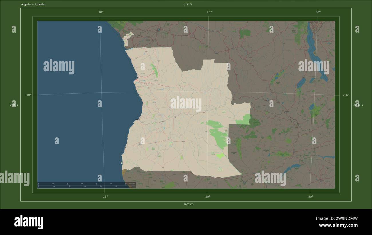 Angola highlighted on a topographic, OSM Germany style map map with the country's capital point ...