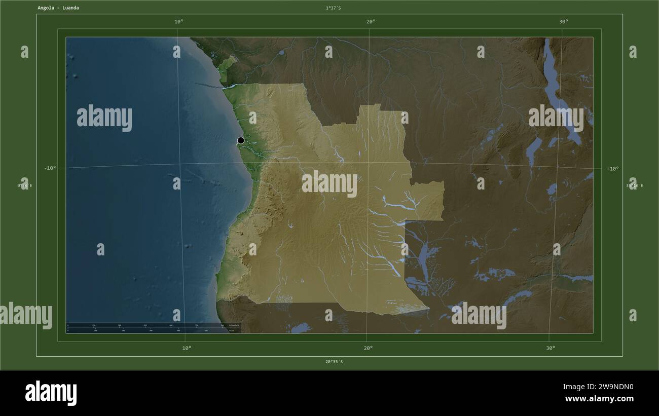 Angola highlighted on a Pale colored elevation map with lakes and ...