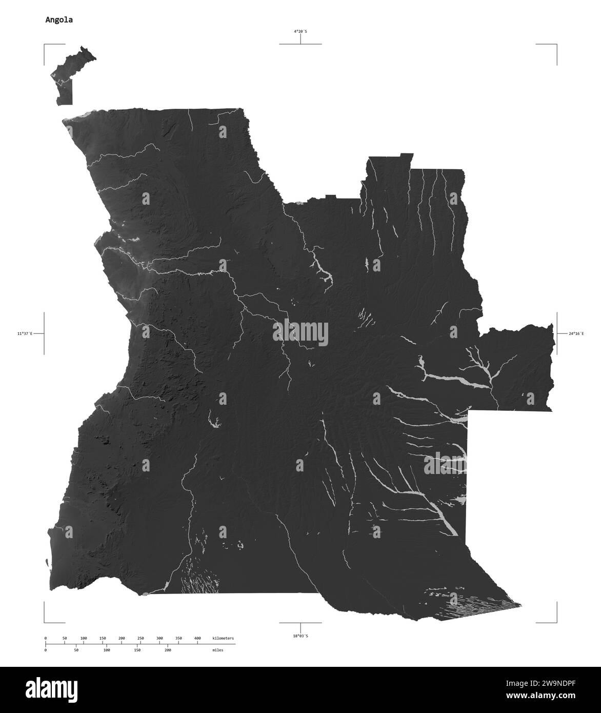 Shape of a Grayscale elevation map with lakes and rivers of the Angola, with distance scale and ...
