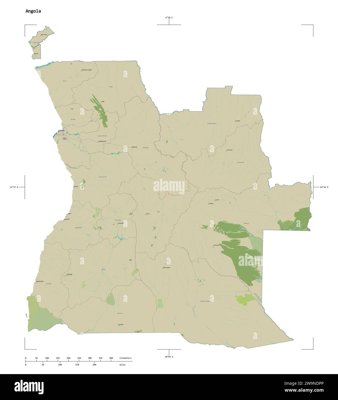 Shape of a topographic, OSM Humanitarian style map of the Angola, with ...