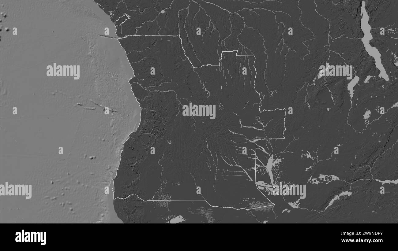 Angola outlined on a Bilevel elevation map with lakes and rivers Stock ...
