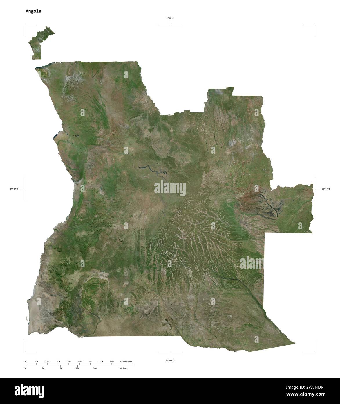 Shape of a high resolution satellite map of the Angola, with distance ...