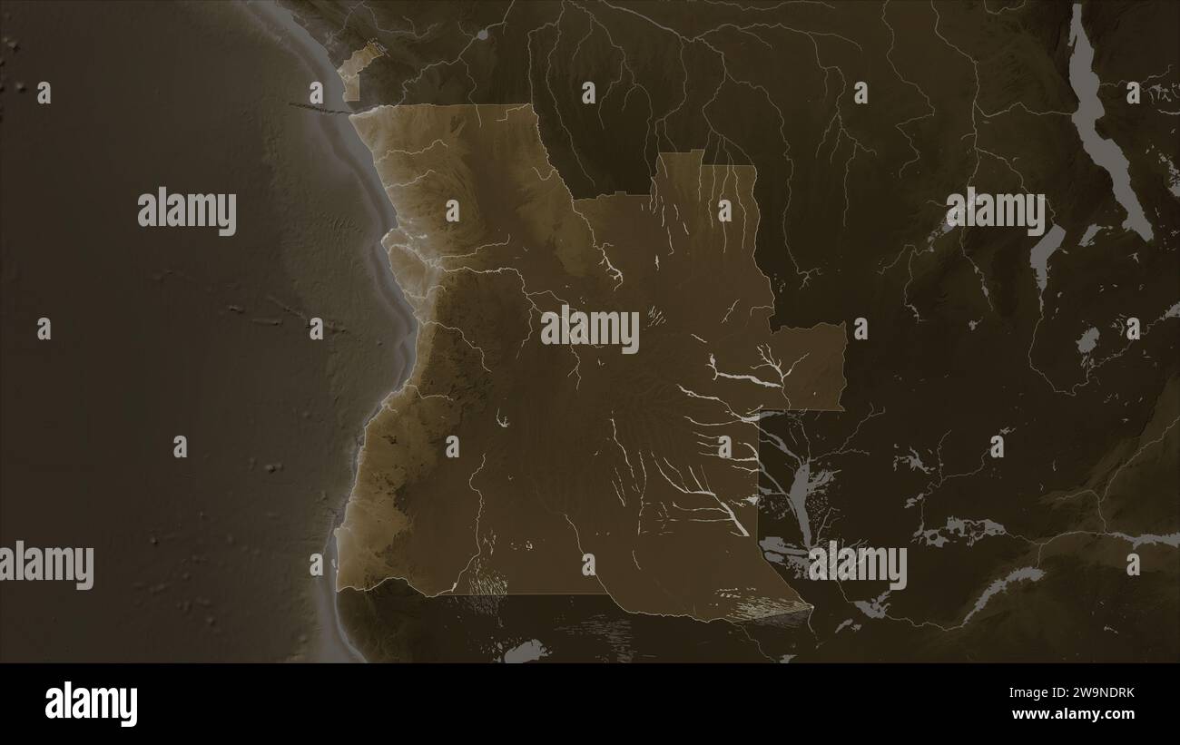 Angola highlighted on a elevation map colored in sepia tones with lakes and rivers Stock Photo ...