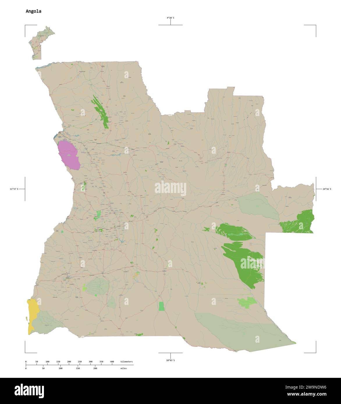 Shape of a topographic, OSM France style map of the Angola, with ...