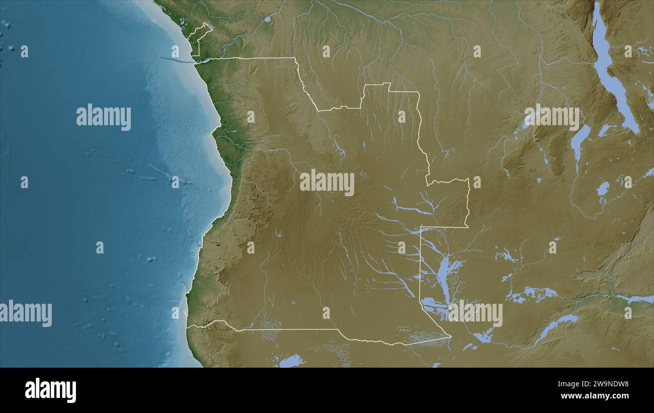 Angola outlined on a Pale colored elevation map with lakes and rivers ...