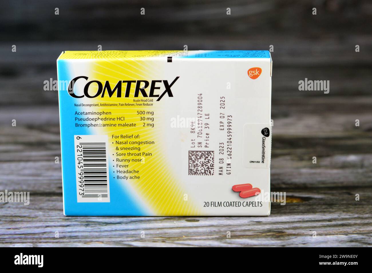 Cairo, Egypt, December 15 2023: Comtrex film coated capelts, acetaminophen, pseudoephedrine HCL ...