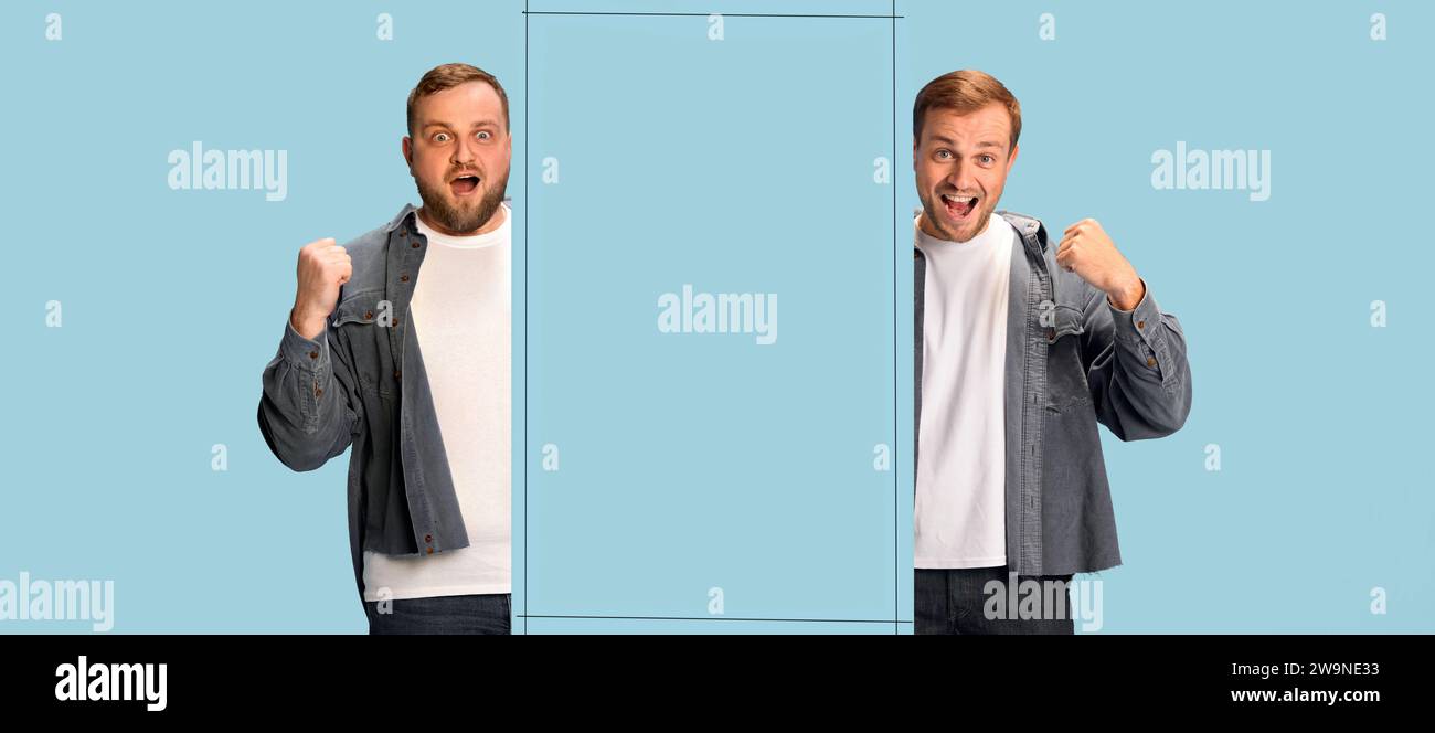 Creative collage. Young man in body of overweight and thin character ...