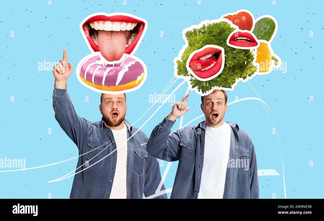 Collage. Young man in the body of fat man decides to choose donut for ...