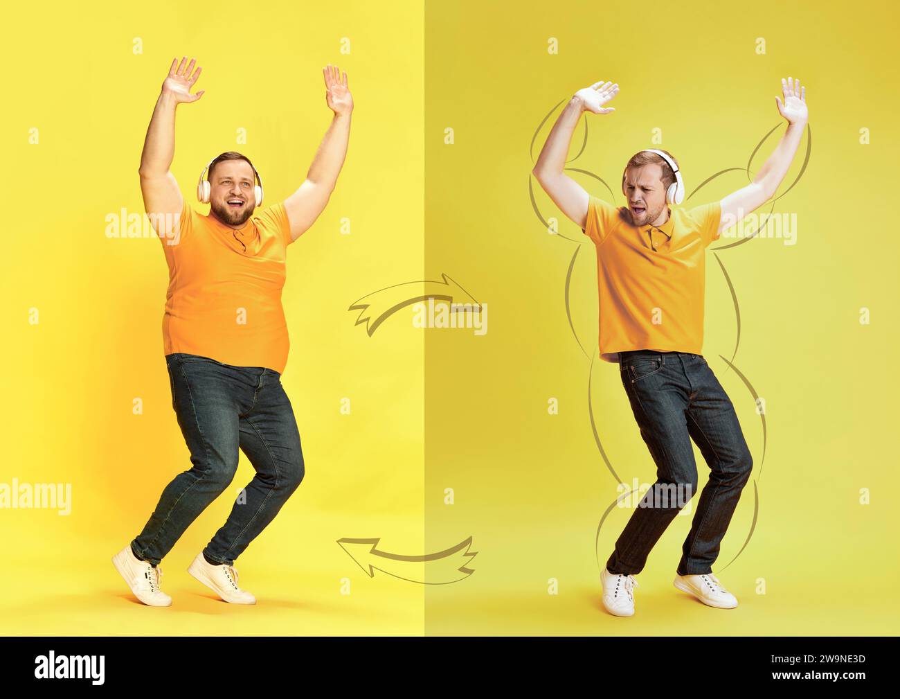 Creative collage. Young man, after losing weight and bringing his body ...