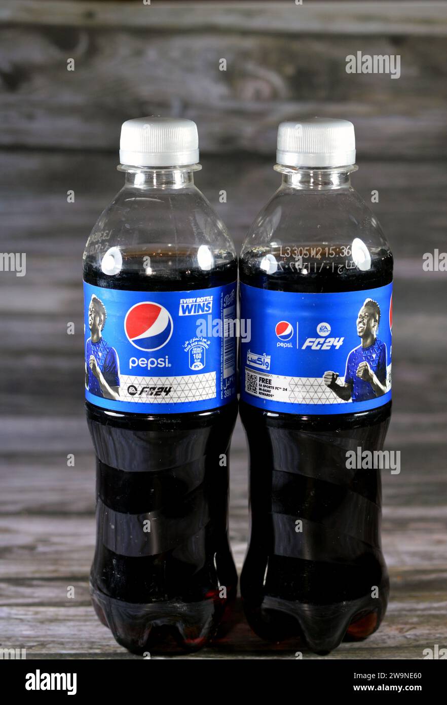 Cairo, Egypt, December 16 2023: Pepsi, a Cola flavor plastic bottle, a ...