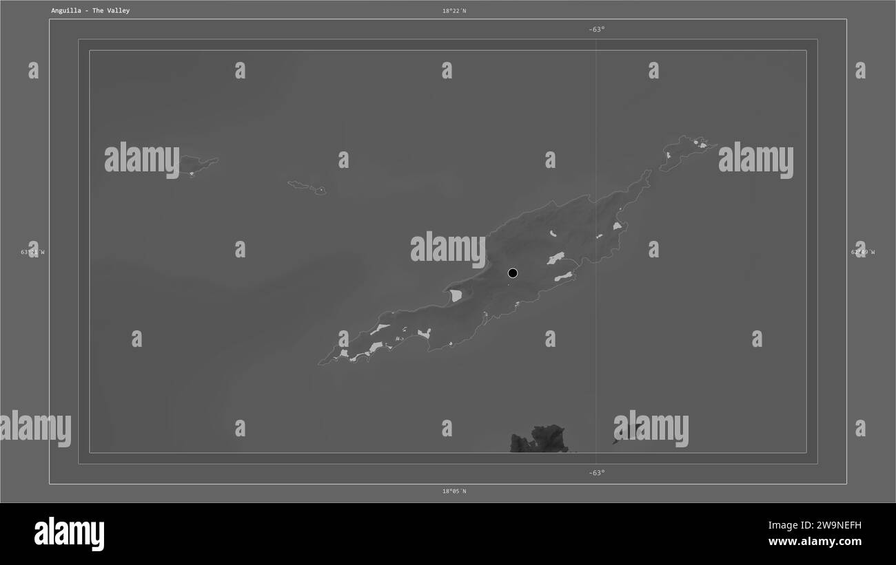 Anguilla highlighted on a Grayscale elevation map with lakes and rivers ...