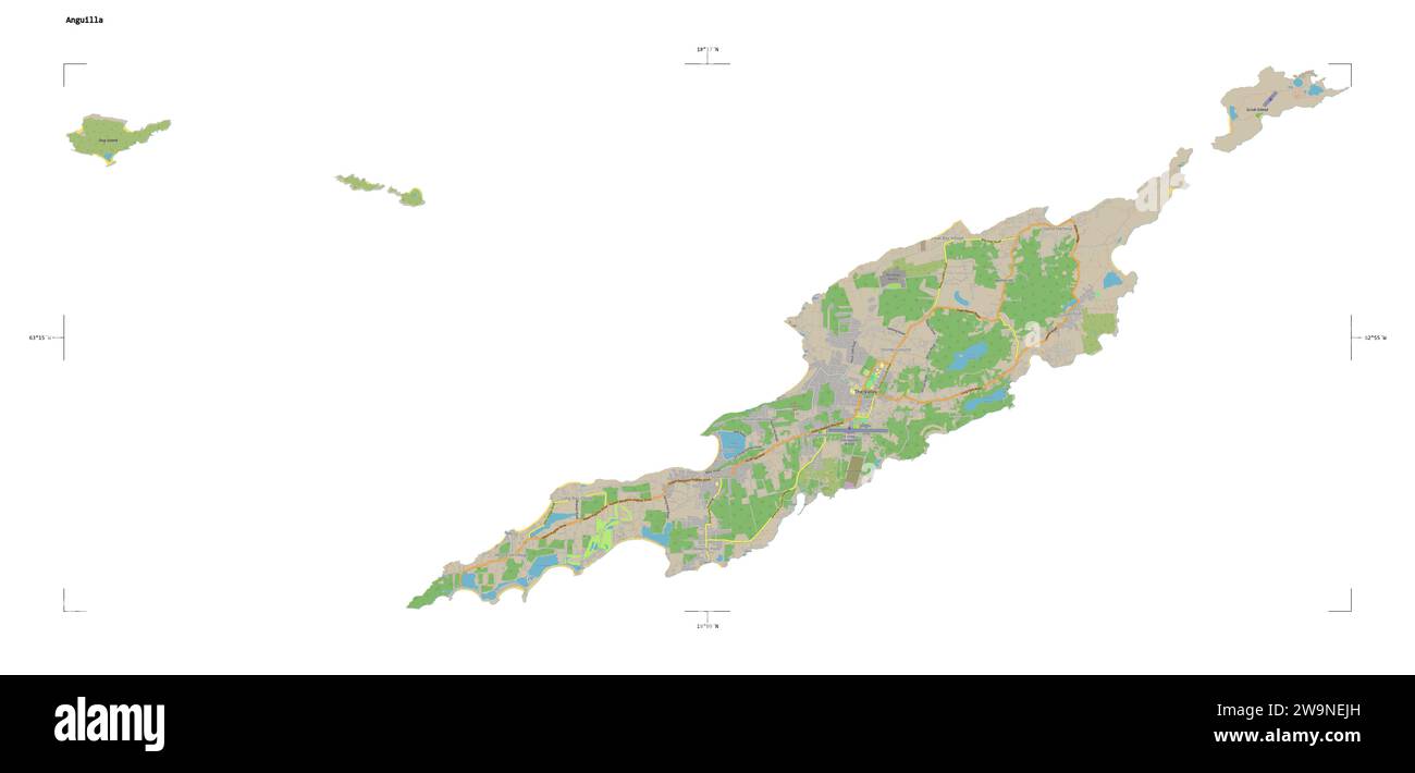 Shape of a topographic, OSM standard style map of the Anguilla, with distance scale and map ...
