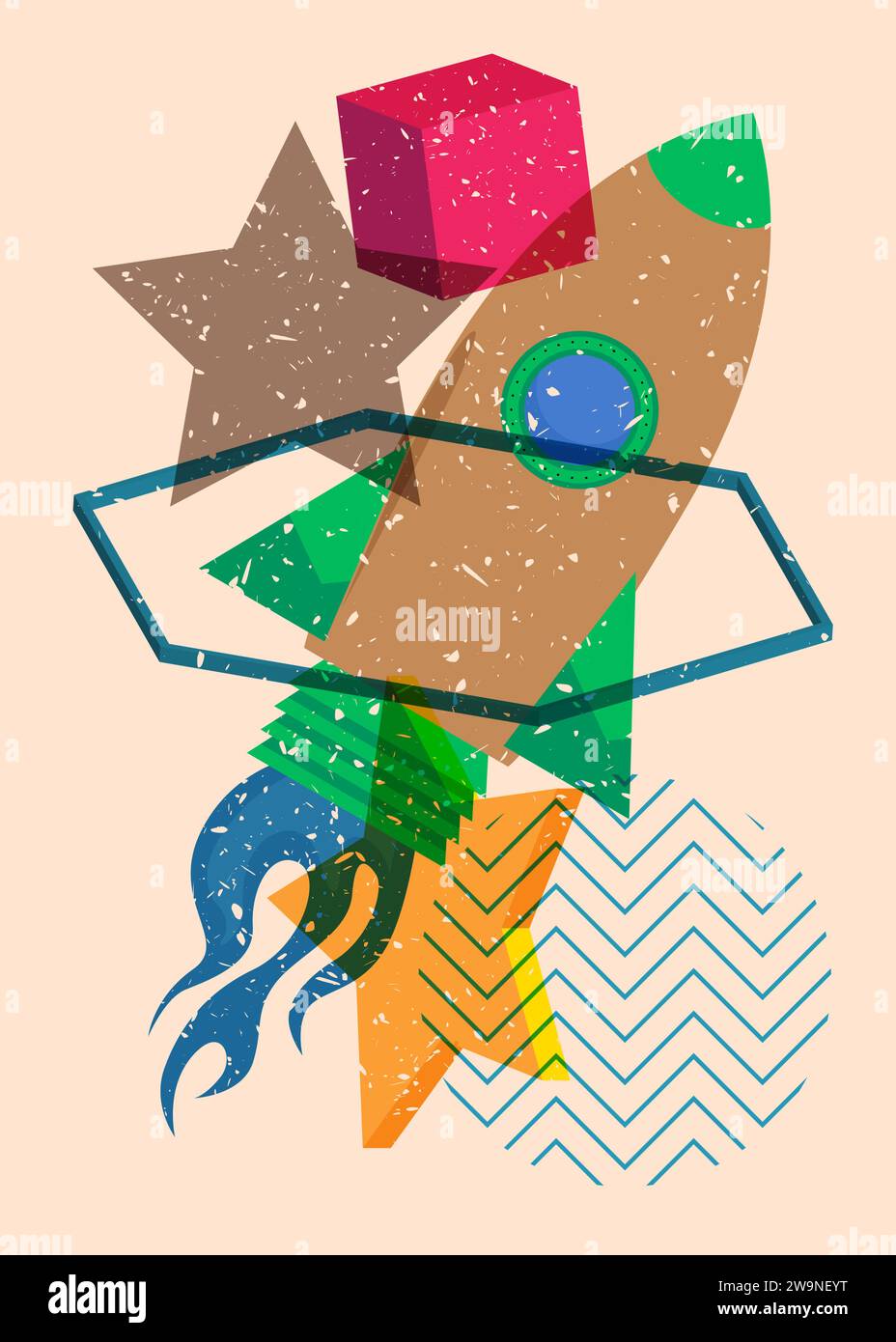 Risograph Rocketship with geometric shapes. Objects in trendy riso ...