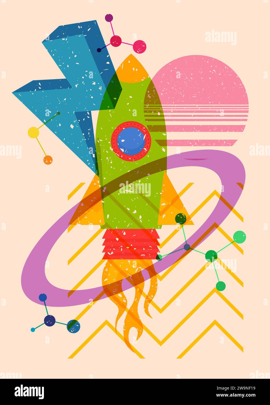 Risograph Rocketship with geometric shapes. Objects in trendy riso ...