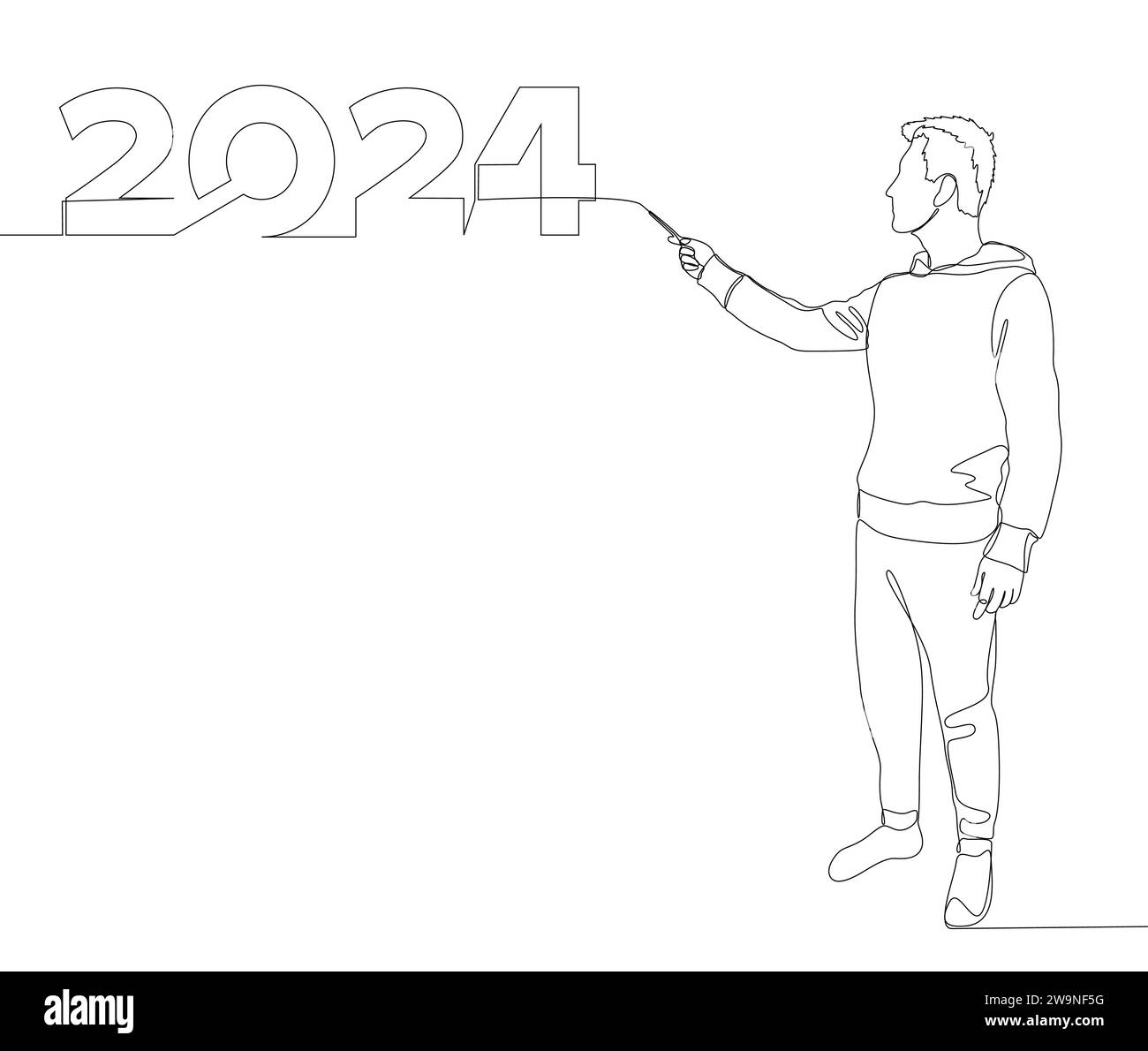 One continuous line of Man pointing with finger at number 2024. Thin ...