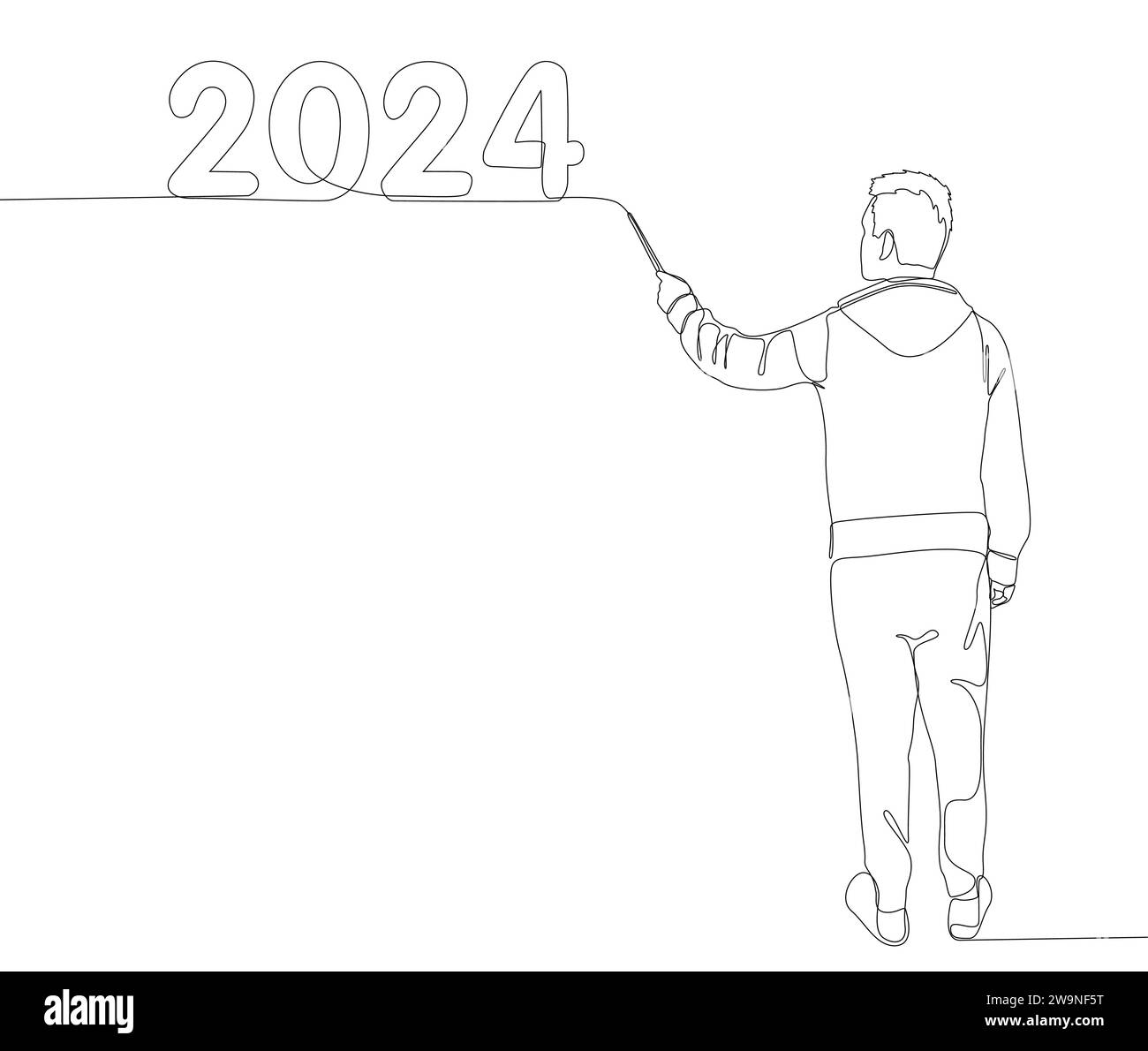 One continuous line of Man pointing with finger at number 2024. Thin ...