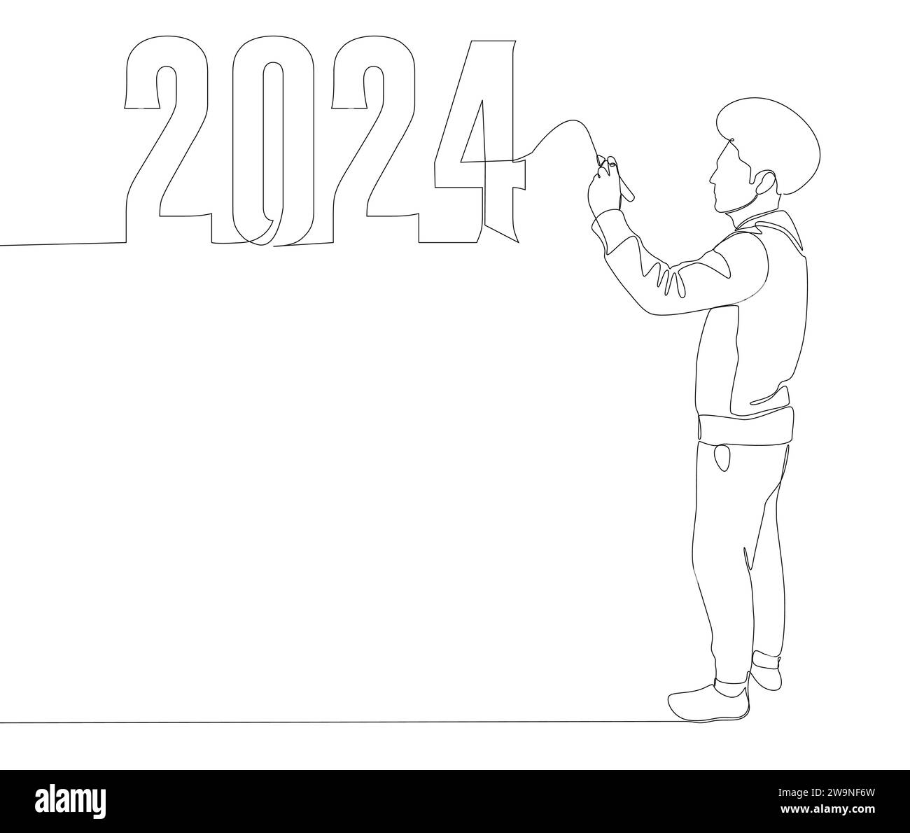 One continuous line of Man pointing with finger at number 2024. Thin ...
