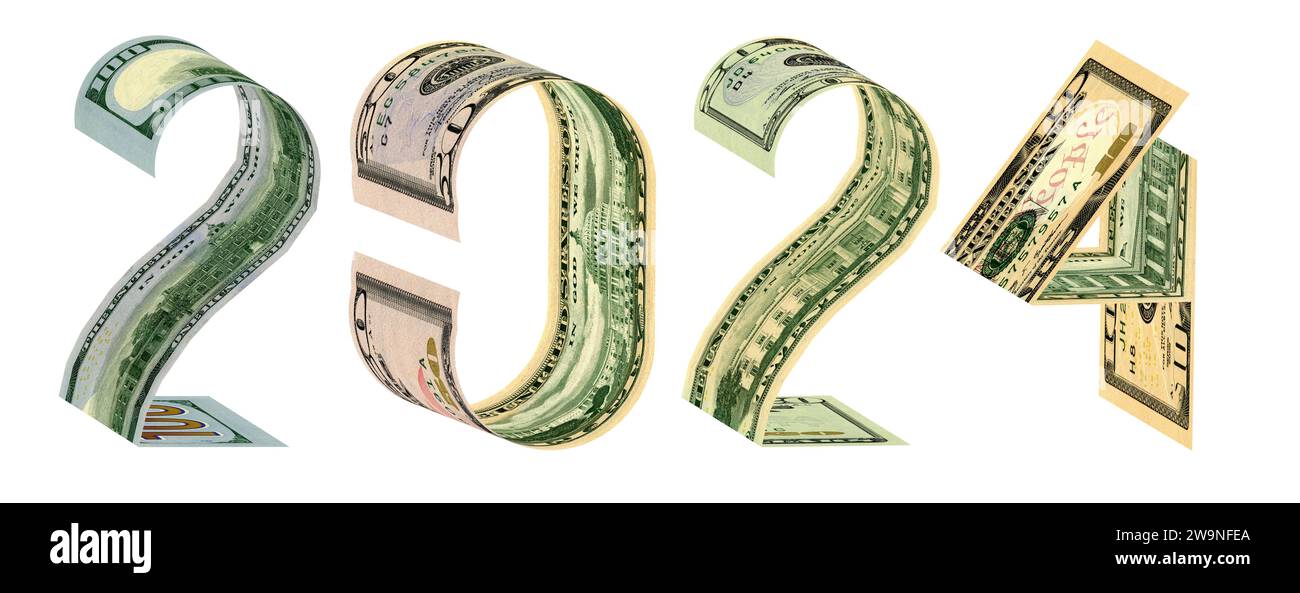 The inscription 2024 made of 100, 50, 20, 10 dollar banknotes 3D ...