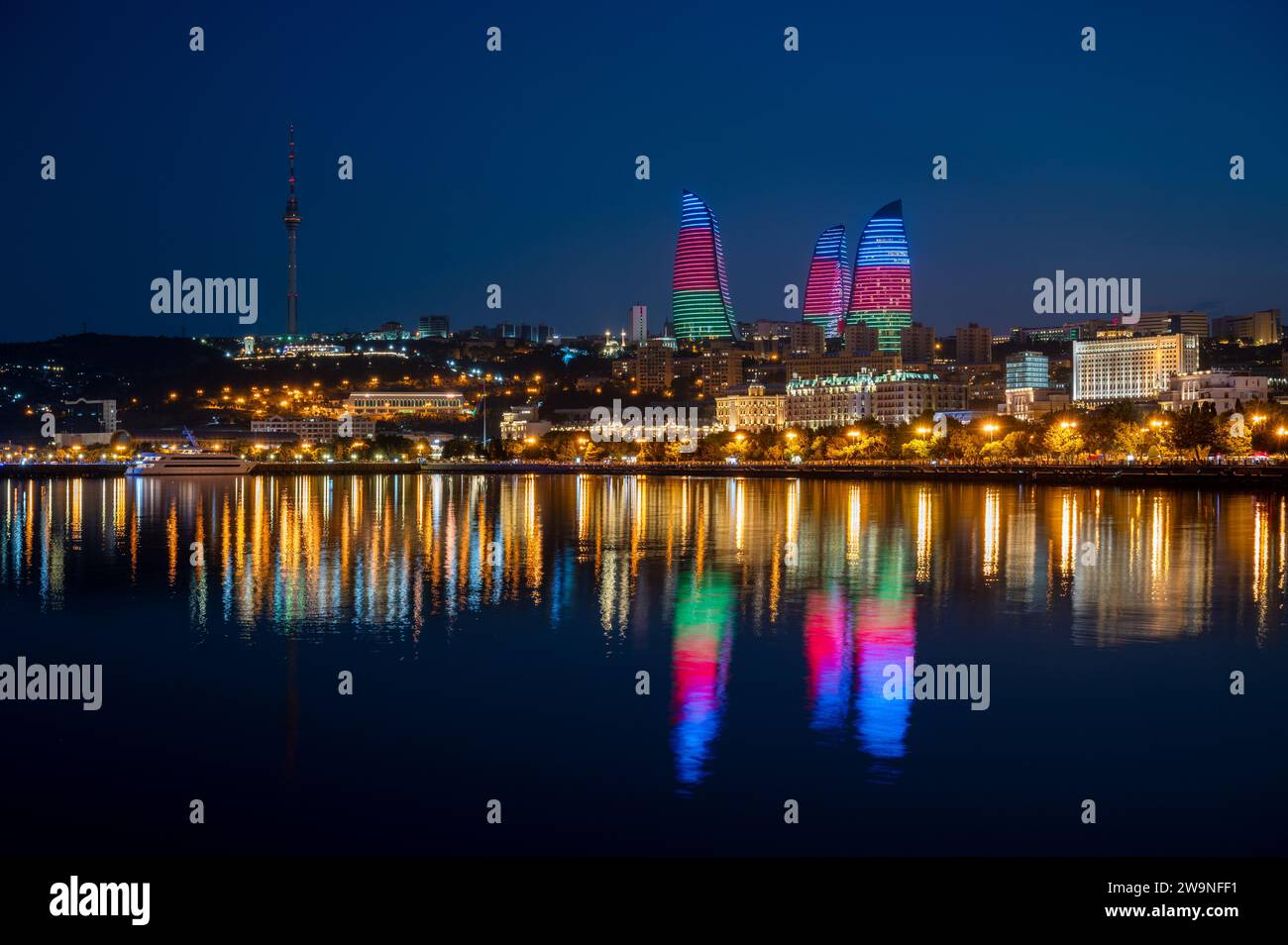 Night view of the the skyline of Baku, capital city of Azerbaijan with ...