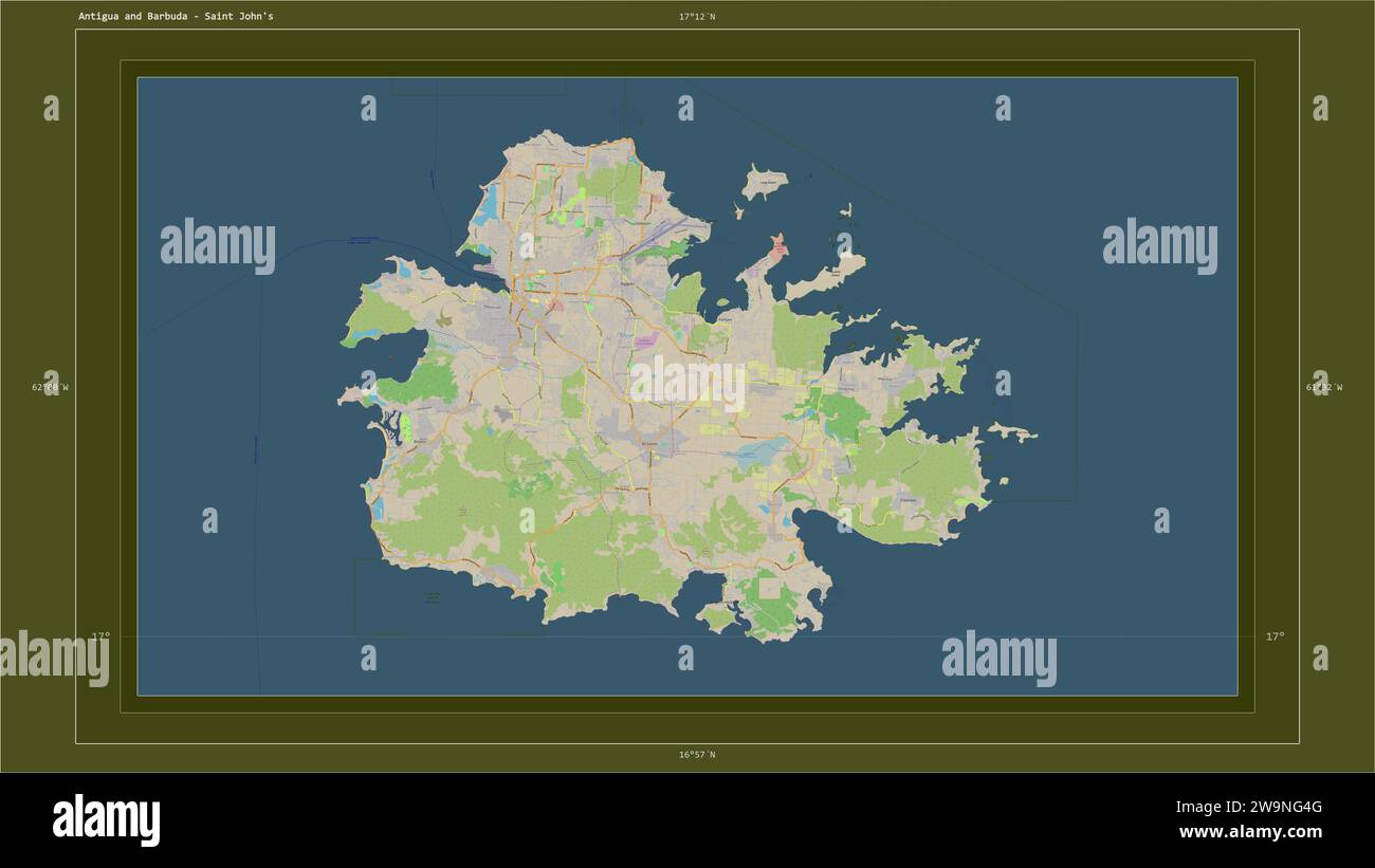 Antigua and Barbuda highlighted on a topographic, OSM standard style ...