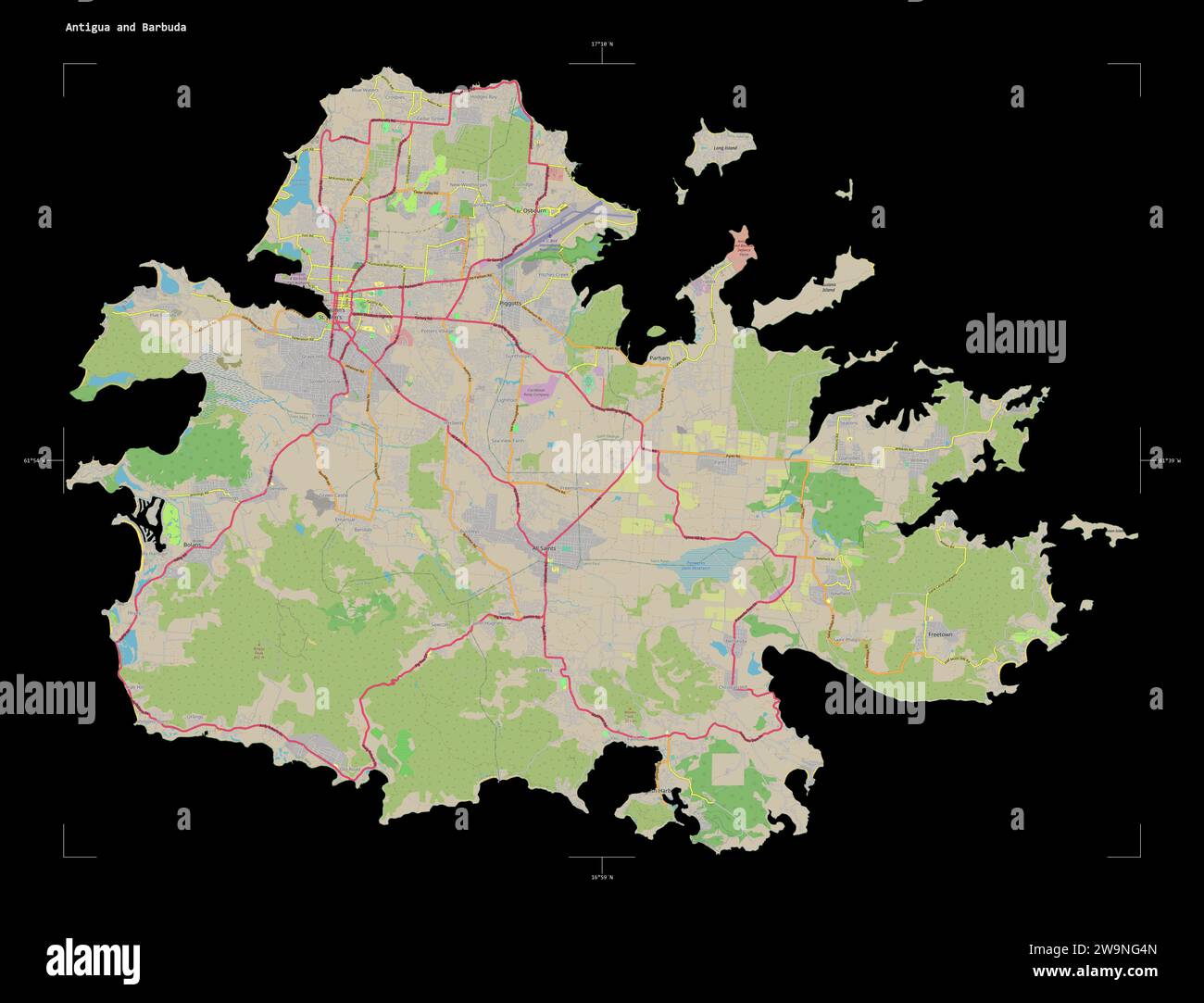 Shape of a topographic, OSM Germany style map of the Antigua and Barbuda, with distance scale ...
