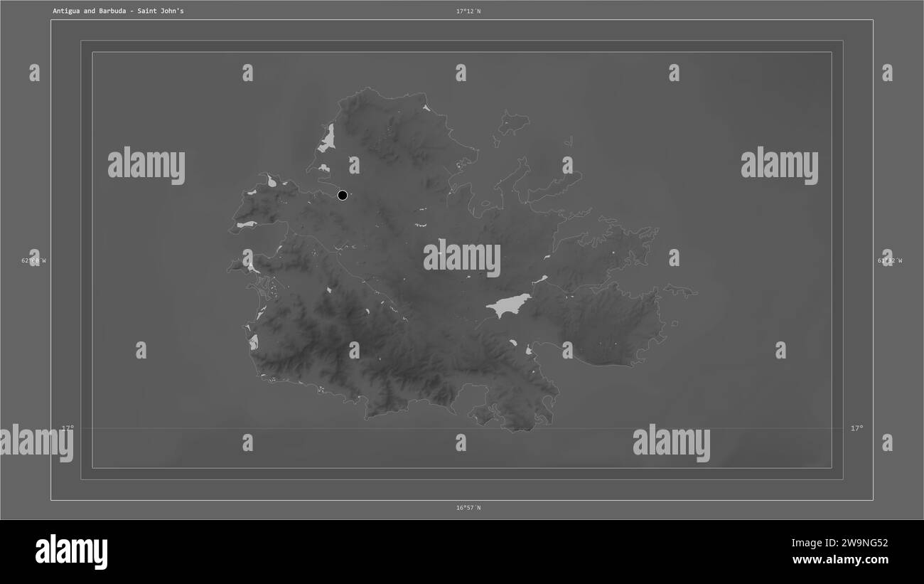 Antigua and Barbuda highlighted on a Grayscale elevation map with lakes ...