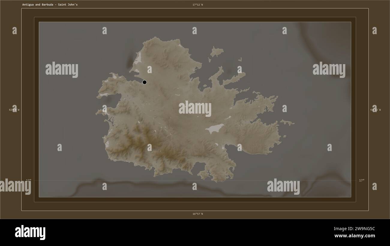 Antigua and Barbuda highlighted on a elevation map colored in sepia ...