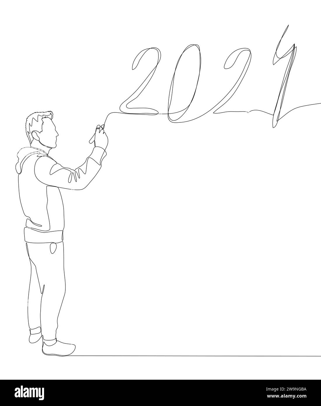 One continuous line of Man pointing with finger at number 2024. Thin ...