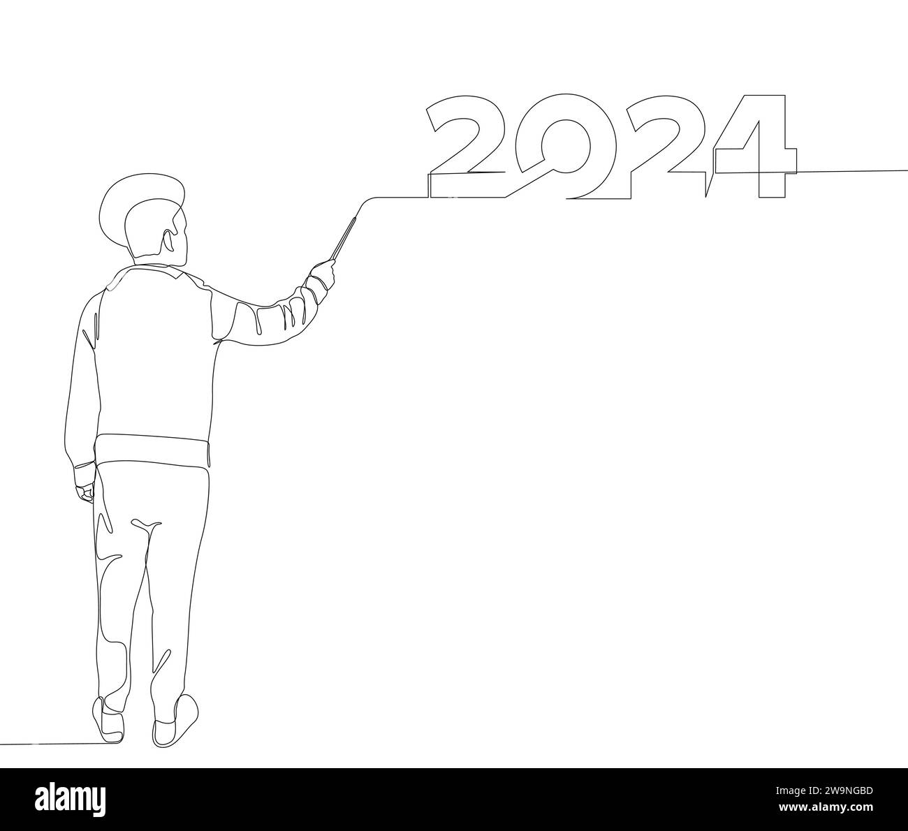 One continuous line of Man pointing with finger at number 2024. Thin ...