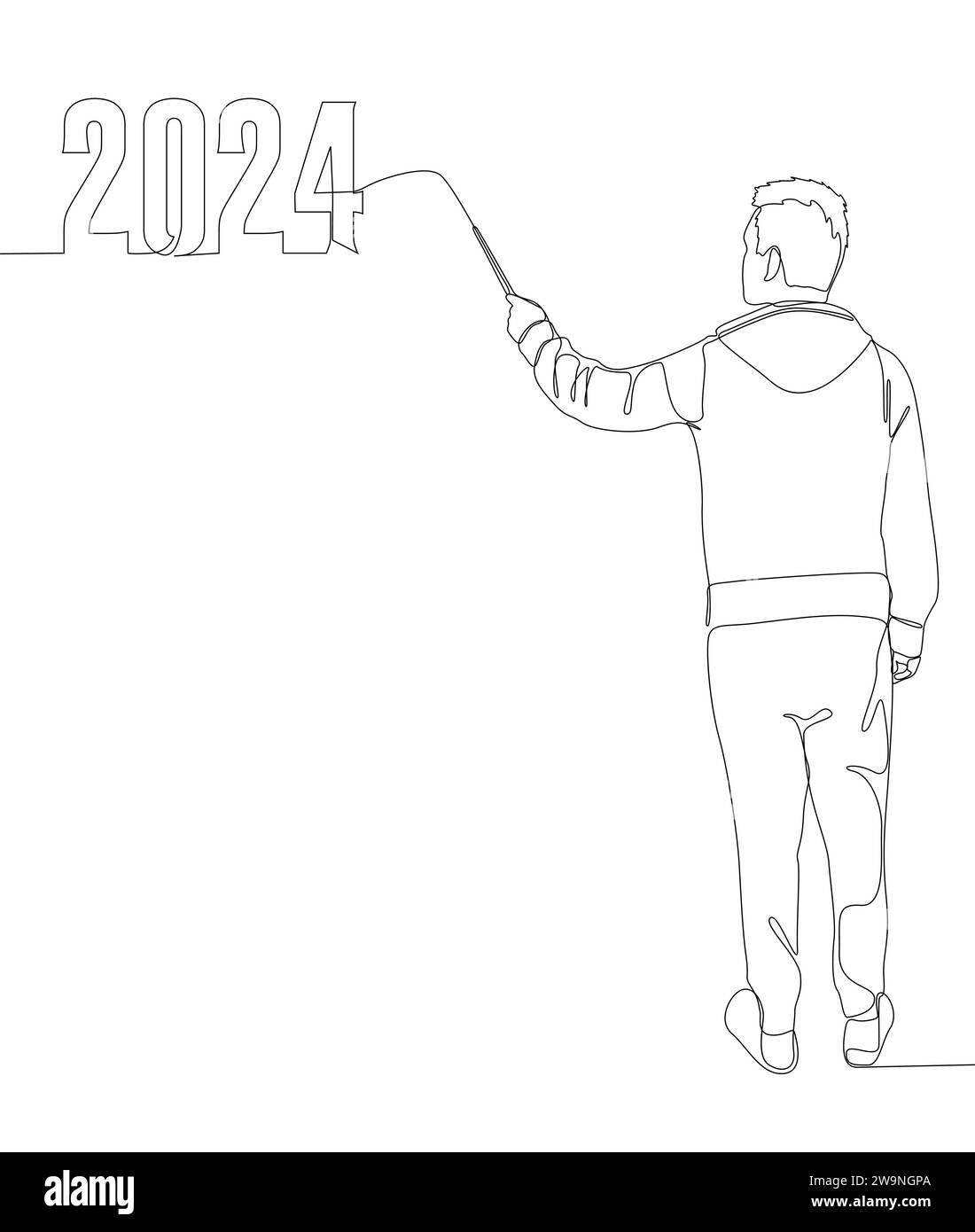 One continuous line of Man pointing with finger at number 2024. Thin ...